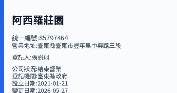 阿西羅莊園的照片-統編 85797464(臺東縣) 公司登記資料與營業項目詳細圖表
