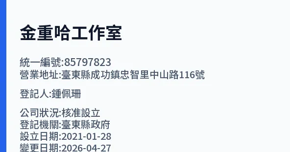 金重哈工作室的照片-統編 85797823(臺東縣) 公司登記資料與營業項目詳細圖表