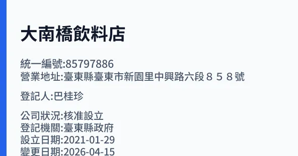 大南橋飲料店的照片-統編 85797886(臺東縣) 公司登記資料與營業項目詳細圖表
