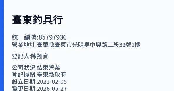 臺東釣具行的照片-統編 85797936(臺東縣) 公司登記資料與營業項目詳細圖表