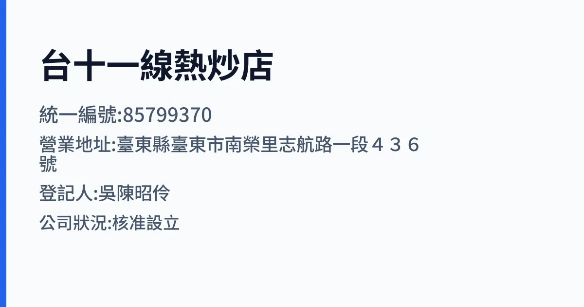 台十一線熱炒店 - 統編 85799370(臺東縣) 公司登記資料與營業項目詳細圖表