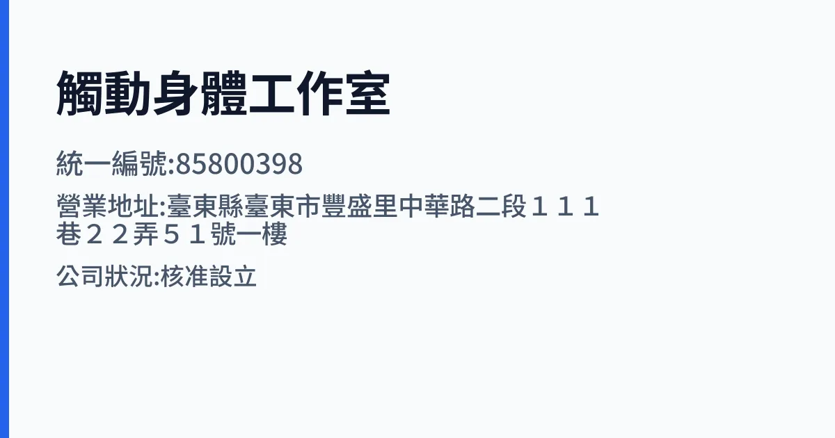 觸動身體工作室 - 統編 85800398(臺東縣) 公司登記資料與營業項目詳細圖表