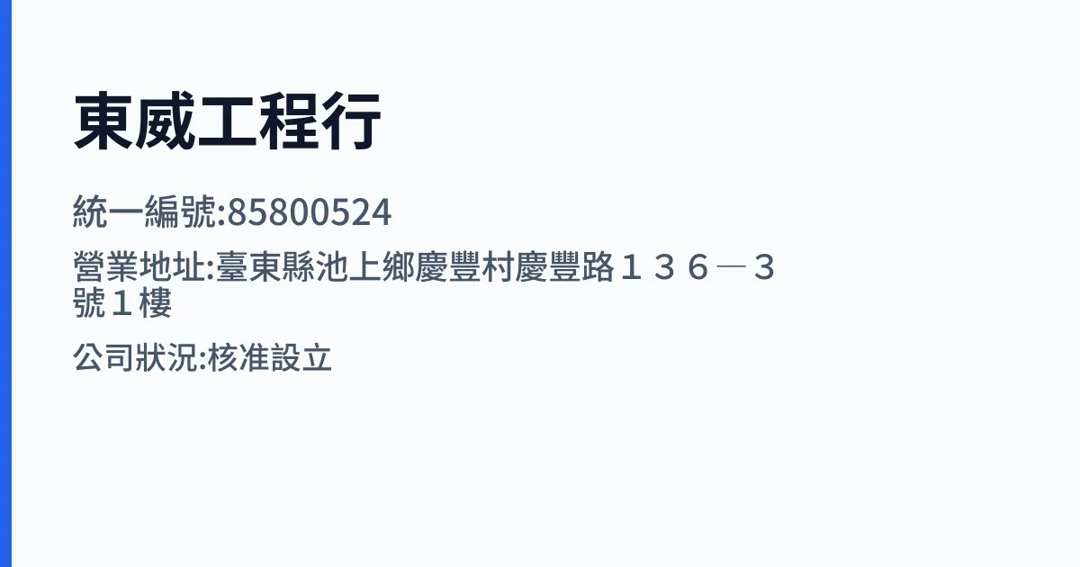 東威工程行 - 統編 85800524(臺東縣) 公司登記資料與營業項目詳細圖表