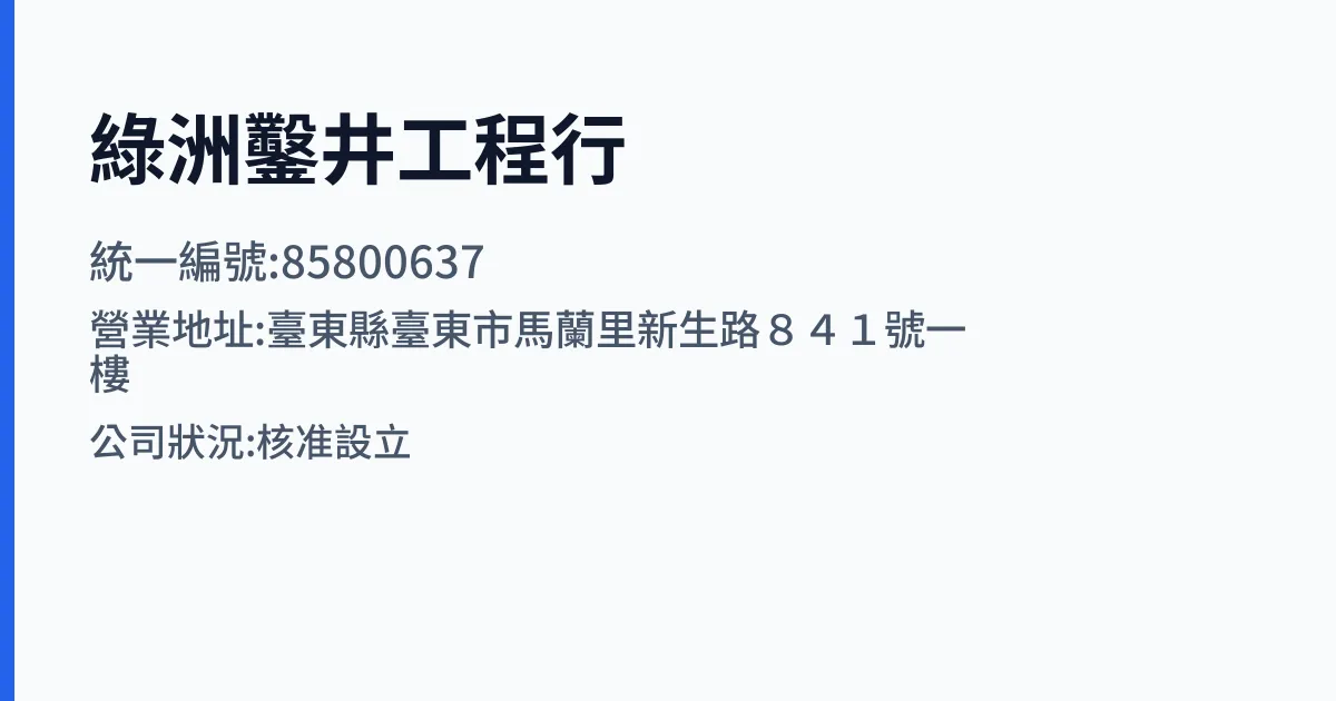 綠洲鑿井工程行 - 統編 85800637(臺東縣) 公司登記資料與營業項目詳細圖表