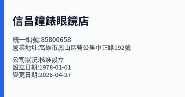 信昌鐘錶眼鏡店的照片-統編 85800658(高雄市) 公司登記資料與營業項目詳細圖表