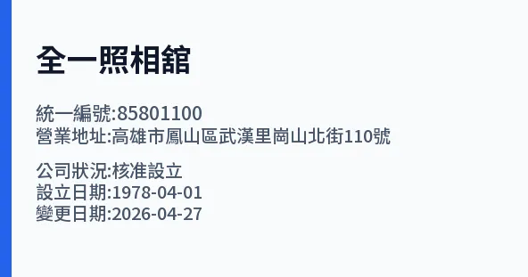全一照相舘的照片-統編 85801100(高雄市) 公司登記資料與營業項目詳細圖表