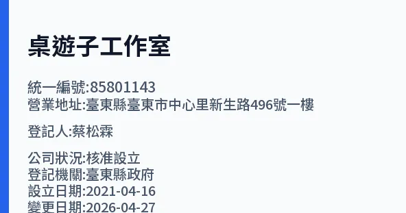 桌遊子工作室的照片-統編 85801143(臺東縣) 公司登記資料與營業項目詳細圖表