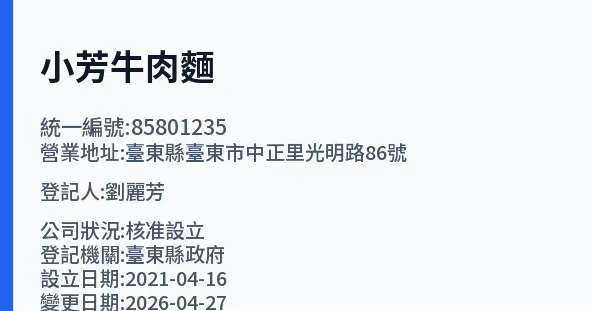 小芳牛肉麵的照片-統編 85801235(臺東縣) 公司登記資料與營業項目詳細圖表