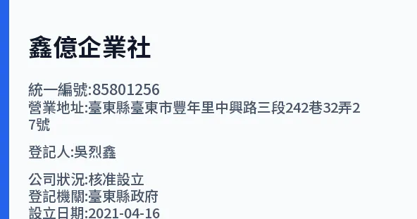 鑫億企業社的照片-統編 85801256(臺東縣) 公司登記資料與營業項目詳細圖表