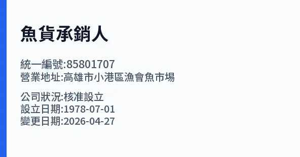 魚貨承銷人的照片-統編 85801707(高雄市) 公司登記資料與營業項目詳細圖表