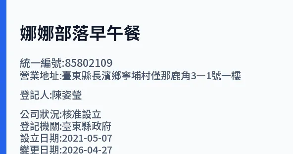 娜娜部落早午餐的照片-統編 85802109(臺東縣) 公司登記資料與營業項目詳細圖表