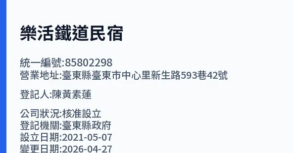 樂活鐵道民宿的照片-統編 85802298(臺東縣) 公司登記資料與營業項目詳細圖表