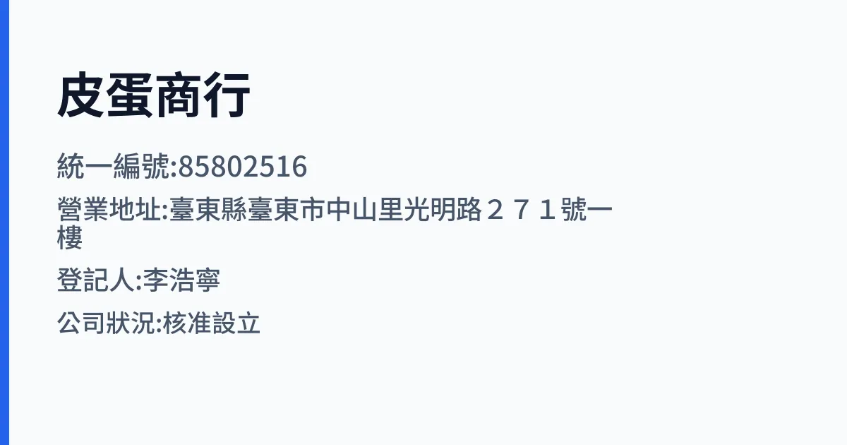 皮蛋商行 - 統編 85802516(臺東縣) 公司登記資料與營業項目詳細圖表