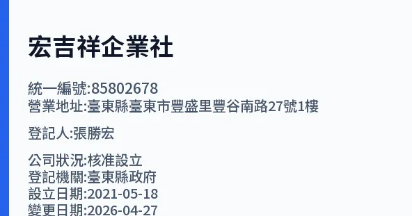 宏吉祥企業社的照片-統編 85802678(臺東縣) 公司登記資料與營業項目詳細圖表