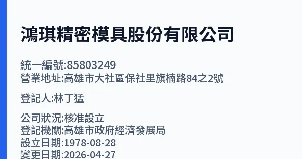 鴻琪精密模具股份有限公司的照片-統編 85803249(高雄市) 公司登記資料與營業項目詳細圖表
