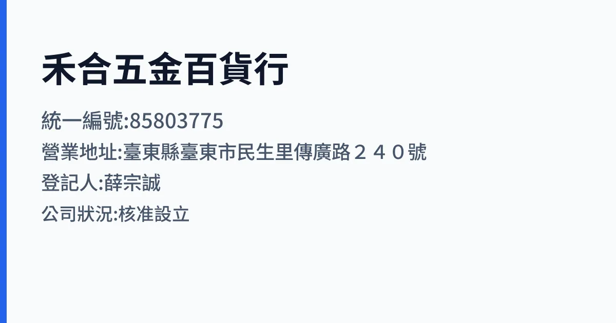 禾合五金百貨行 - 統編 85803775(臺東縣) 公司登記資料與營業項目詳細圖表