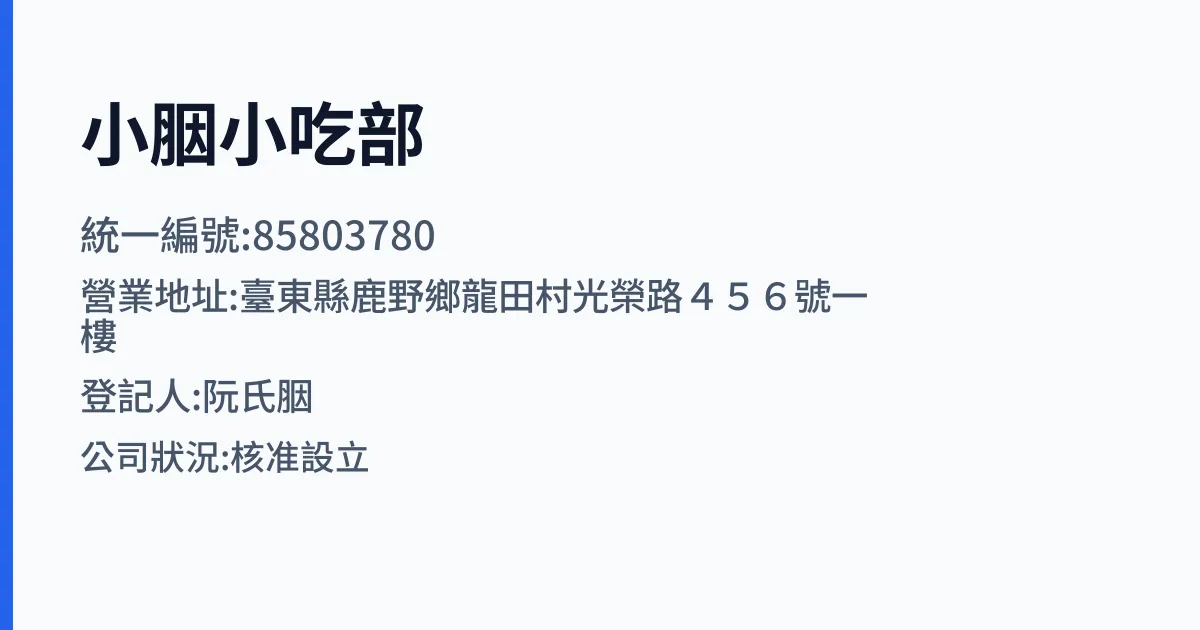 小胭小吃部 - 統編 85803780（臺東縣） 公司登記資料與營業項目詳細圖表