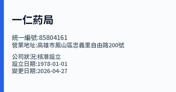 一仁葯局的照片-統編 85804161(高雄市) 公司登記資料與營業項目詳細圖表
