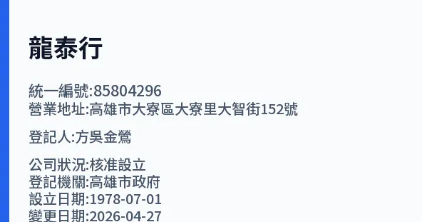 龍泰行的照片-統編 85804296(高雄市) 公司登記資料與營業項目詳細圖表
