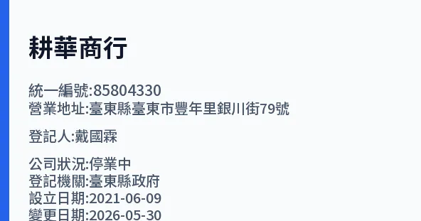 耕華商行的照片-統編 85804330(臺東縣) 公司登記資料與營業項目詳細圖表
