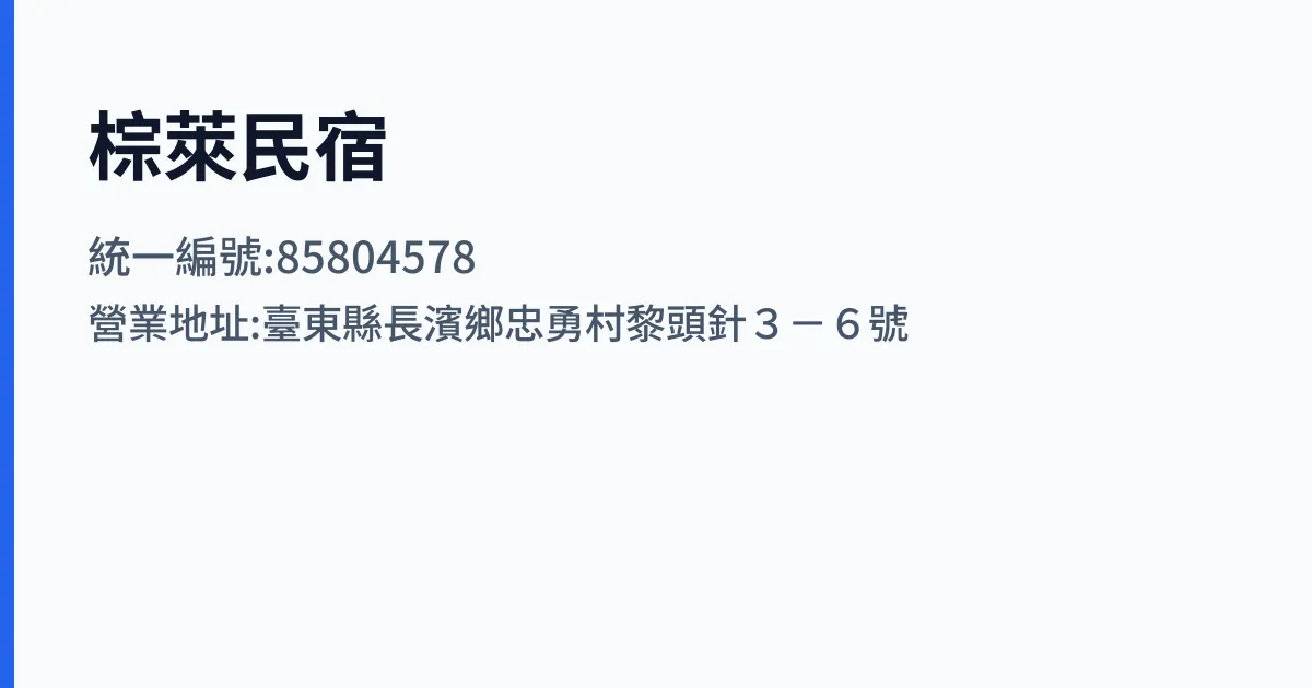 棕萊民宿 - 統編 85804578(臺東縣) 公司登記資料與營業項目詳細圖表