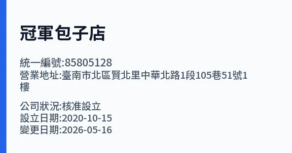 冠軍包子店的照片-統編 85805128(臺南市) 公司登記資料與營業項目詳細圖表