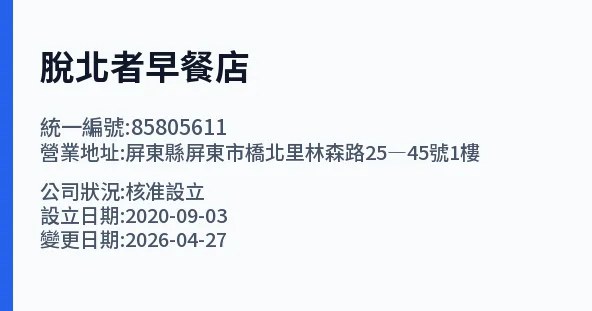 脫北者早餐店的照片-統編 85805611(屏東縣) 公司登記資料與營業項目詳細圖表