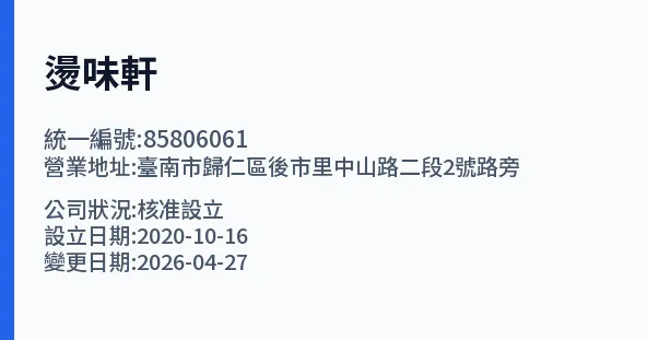 燙味軒的照片-統編 85806061(臺南市) 公司登記資料與營業項目詳細圖表