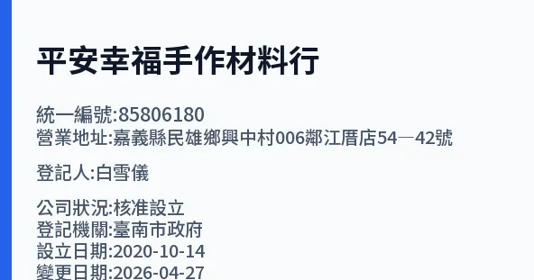 平安幸福手作材料行的照片-統編 85806180(嘉義縣) 公司登記資料與營業項目詳細圖表