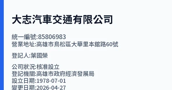大志汽車交通有限公司的照片-統編 85806983(高雄市) 公司登記資料與營業項目詳細圖表