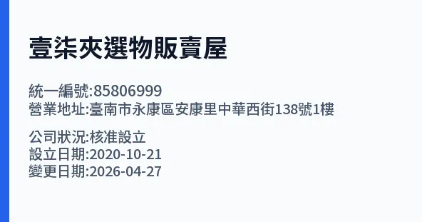 壹柒夾選物販賣屋的照片-統編 85806999(臺南市) 公司登記資料與營業項目詳細圖表