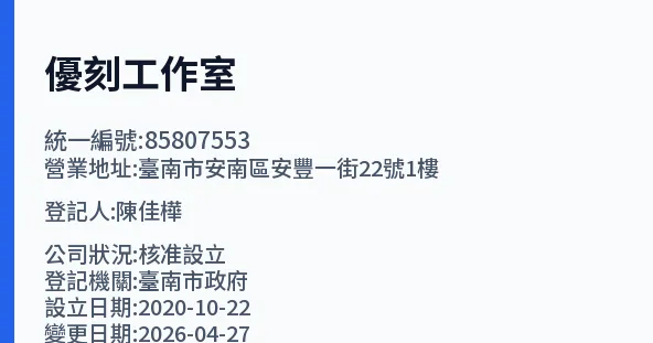 優刻工作室的照片-統編 85807553(臺南市) 公司登記資料與營業項目詳細圖表