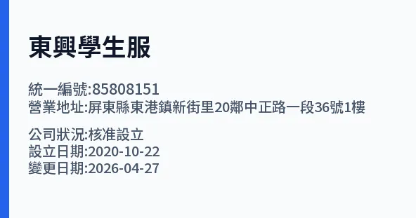 東興學生服的照片-統編 85808151(屏東縣) 公司登記資料與營業項目詳細圖表
