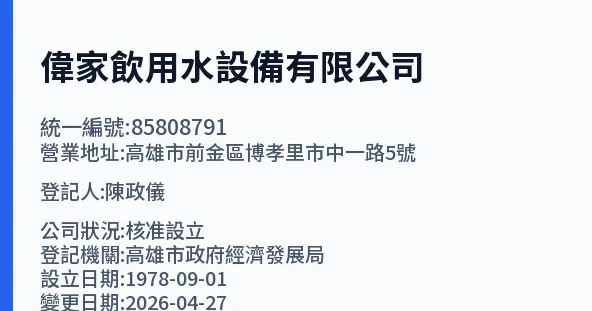 偉家飲用水設備有限公司的照片-統編 85808791(高雄市) 公司登記資料與營業項目詳細圖表