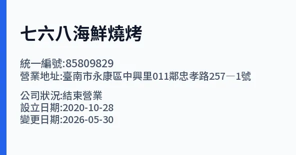 七六八海鮮燒烤的照片-統編 85809829(臺南市) 公司登記資料與營業項目詳細圖表