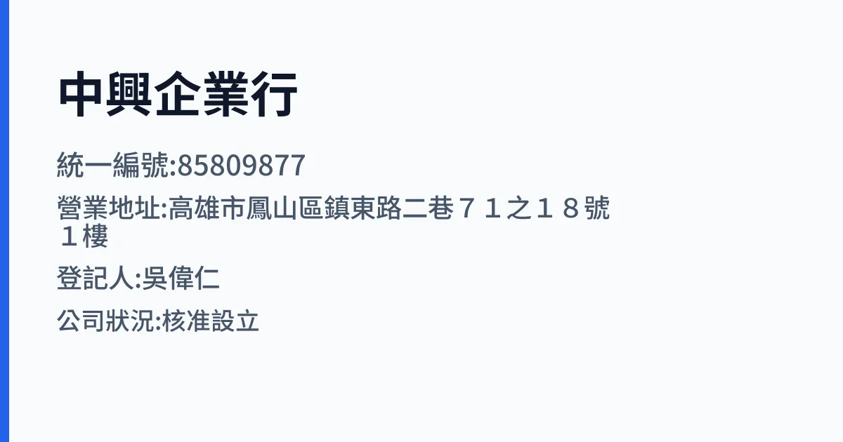 中興企業行 - 統編 85809877(高雄市) 公司登記資料與營業項目詳細圖表