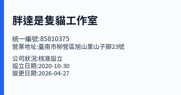 胖達是隻貓工作室的照片-統編 85810375(臺南市) 公司登記資料與營業項目詳細圖表