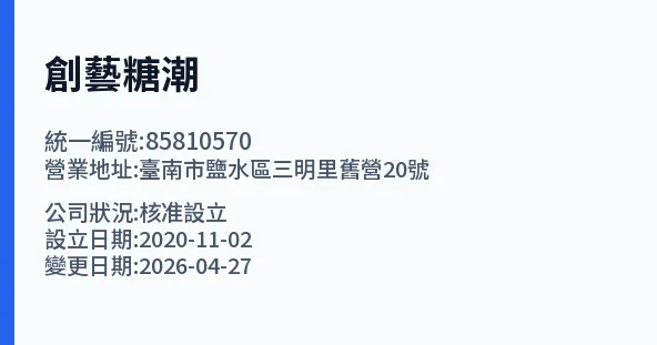 創藝糖潮的照片-統編 85810570(臺南市) 公司登記資料與營業項目詳細圖表