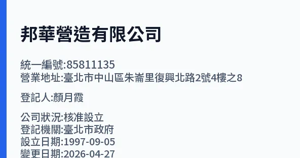 邦華營造有限公司的照片-統編 85811135(臺北市) 公司登記資料與營業項目詳細圖表
