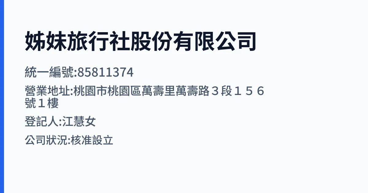 姊妹旅行社股份有限公司 - 統編 85811374(桃園市) 公司登記資料與營業項目詳細圖表