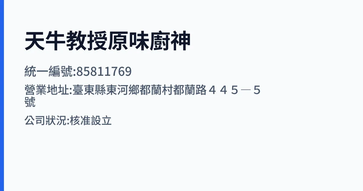 天牛教授原味廚神 - 統編 85811769(臺東縣) 公司登記資料與營業項目詳細圖表