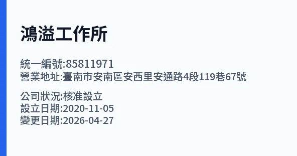 鴻溢工作所的照片-統編 85811971(臺南市) 公司登記資料與營業項目詳細圖表
