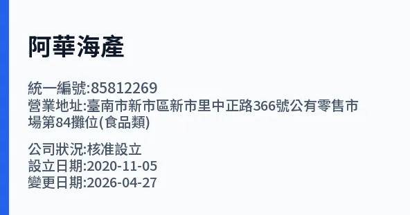 阿華海產的照片-統編 85812269(臺南市) 公司登記資料與營業項目詳細圖表