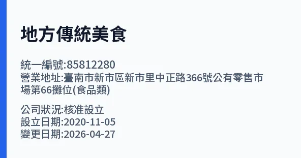 地方傳統美食的照片-統編 85812280(臺南市) 公司登記資料與營業項目詳細圖表