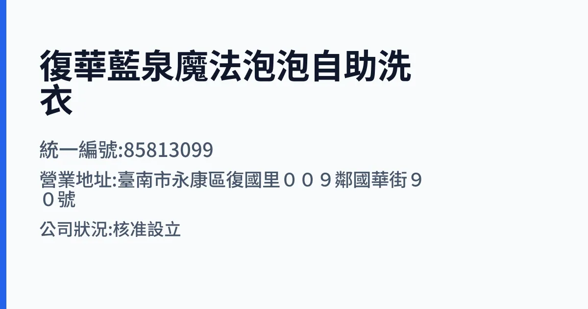 復華藍泉魔法泡泡自助洗衣 - 統編 85813099(臺南市) 公司登記資料與營業項目詳細圖表