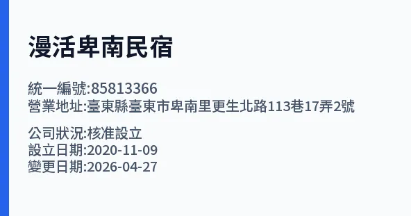 漫活卑南民宿的照片-統編 85813366(臺東縣) 公司登記資料與營業項目詳細圖表