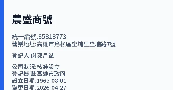 農盛商號的照片-統編 85813773(高雄市) 公司登記資料與營業項目詳細圖表