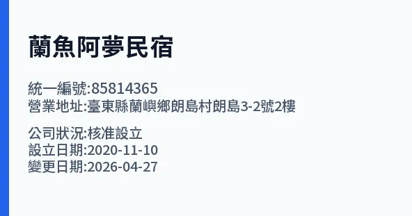 蘭魚阿夢民宿的照片-統編 85814365(臺東縣) 公司登記資料與營業項目詳細圖表