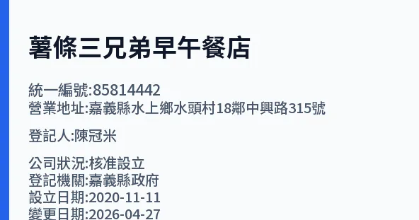 薯條三兄弟早午餐店的照片-統編 85814442(嘉義縣) 公司登記資料與營業項目詳細圖表