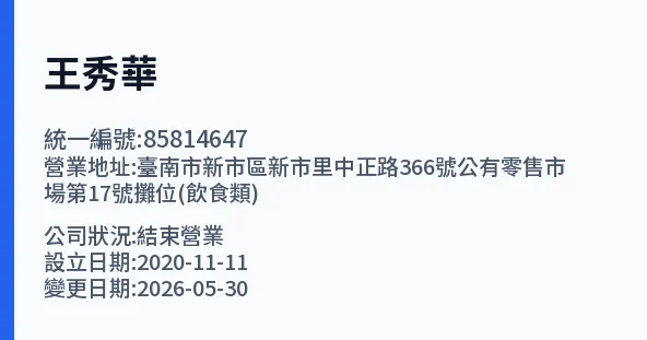 王秀華的照片-統編 85814647(臺南市) 公司登記資料與營業項目詳細圖表